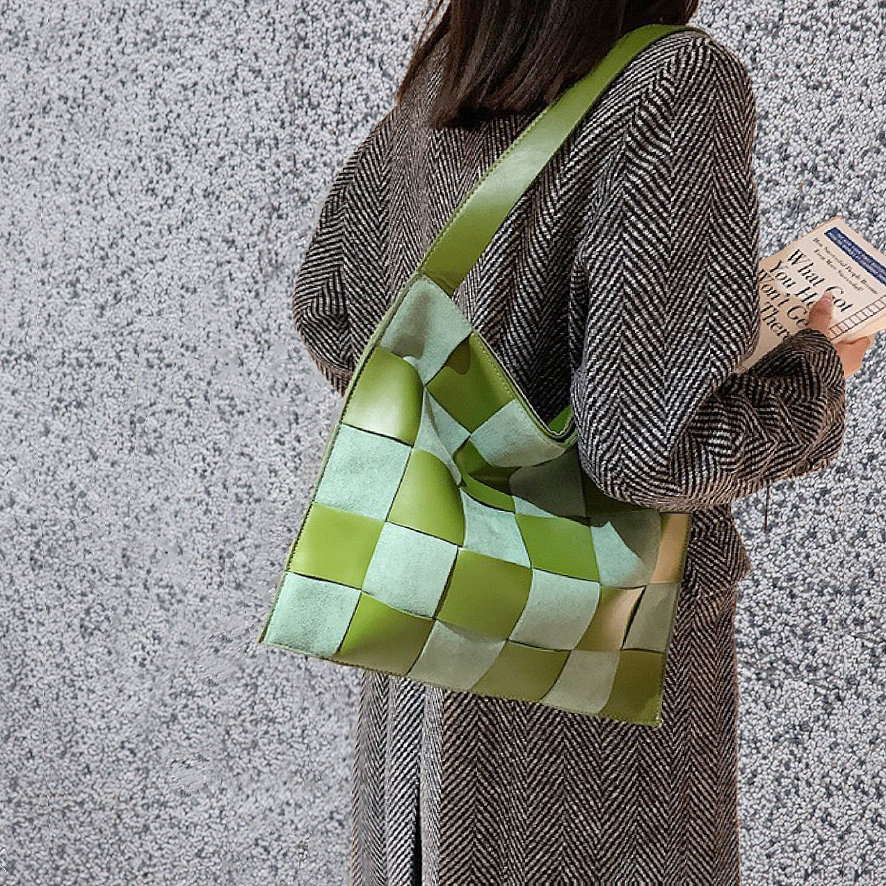 Checkered Woven Leather Shoulder Bag