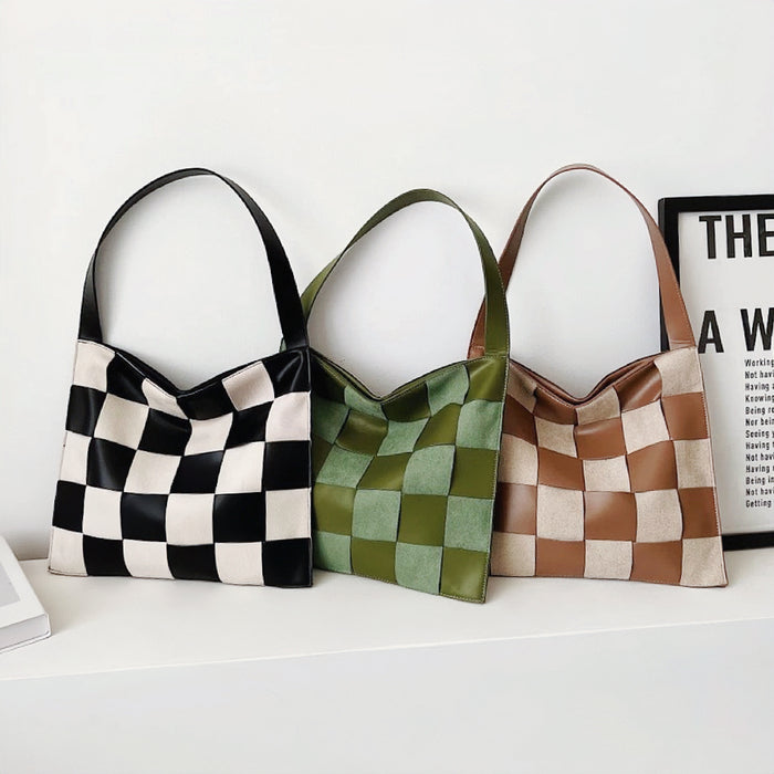 Checkered Woven Leather Shoulder Bag